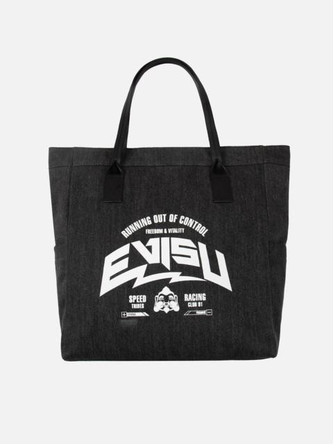 EVISU AUTO-RACING STYLE LOGO PRINT DENIM TOTE BAG | REVERSIBLE