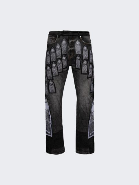 WHO DECIDES WAR Patched Arch Embroidered Jeans Black | REVERSIBLE