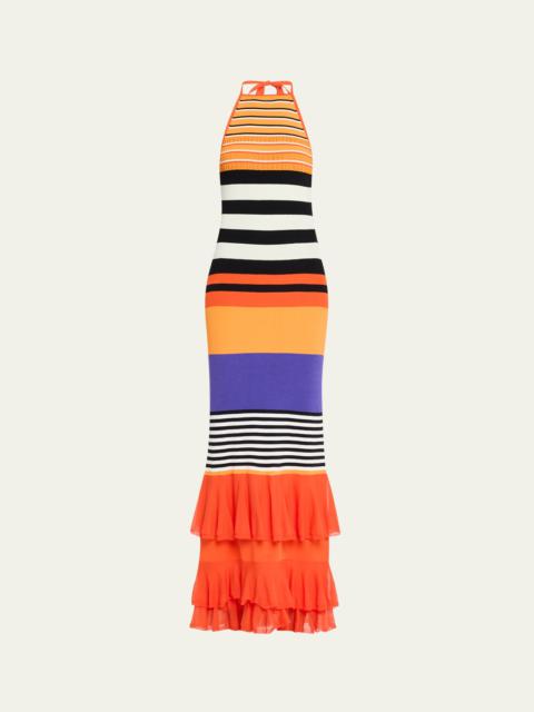 CHRISTOPHER JOHN ROGERS Striped Halter Neck Ruffle Dress | REVERSIBLE
