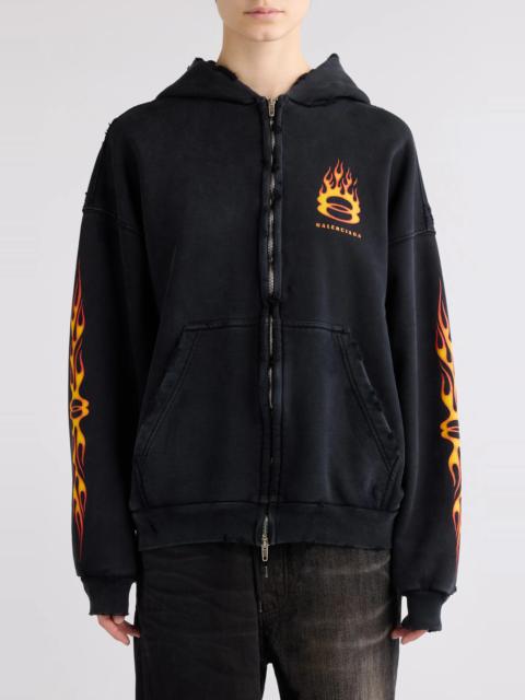 BALENCIAGA Zip-Up Distressed Graphic Hoodie | REVERSIBLE