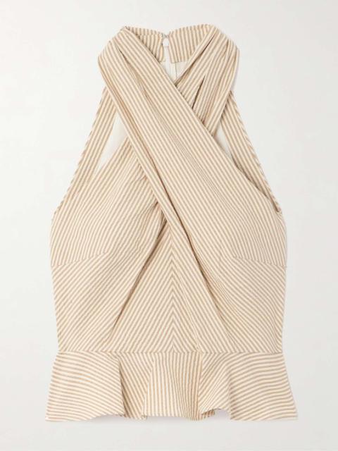 VERONICA BEARD Drey halterneck striped cotton-blend seersucker top ...