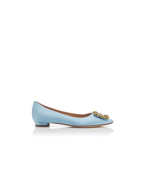 Manolo Blahnik Light Blue Satin Jewel Buckle Flat Shoes | REVERSIBLE