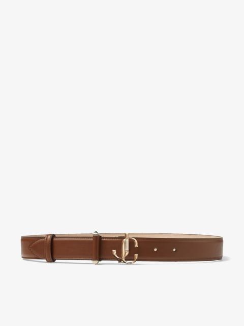 JIMMY CHOO JC-Bar Belt Dark Tan Soft Shiny Calf Leather Belt with Light ...
