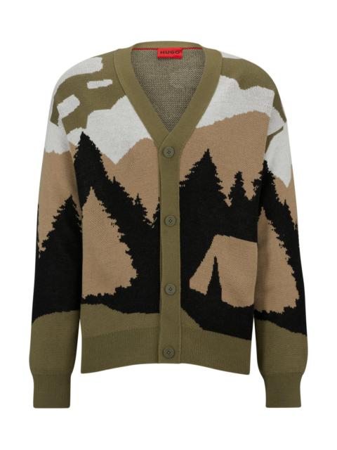 HUGO OVERSIZED-FIT CARDIGAN WITH CAMPING-INSPIRED ARTWORK | REVERSIBLE
