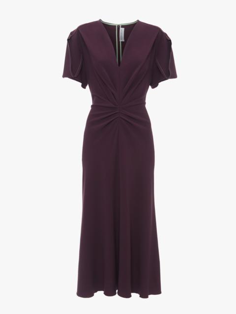 Victoria Beckham Gathered V-Neck Midi Dress In Fig | REVERSIBLE