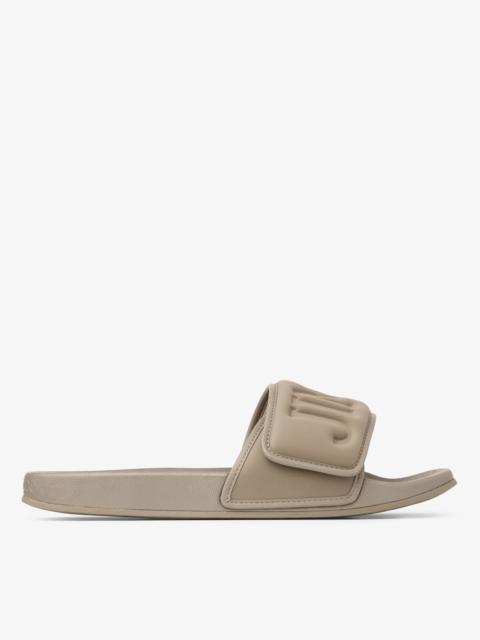 JIMMY CHOO Fitz/M Taupe Puffed Logo Lycra Slides | REVERSIBLE