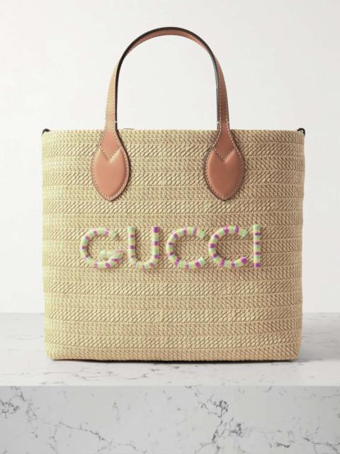 GUCCI Leather-trimmed appliquéd raffia tote | REVERSIBLE