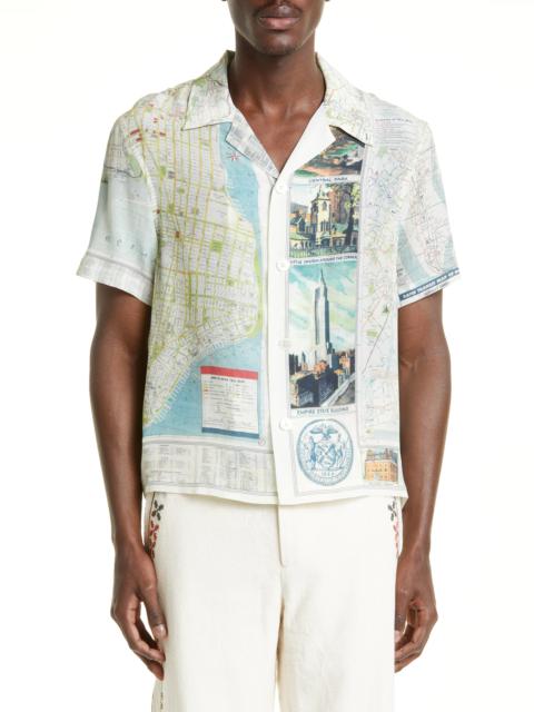 BODE New York City Map Short Sleeve Silk Button-Up Shirt | REVERSIBLE