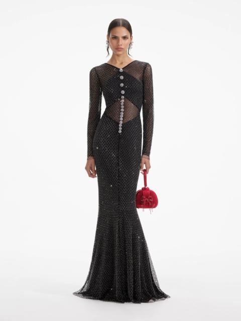 self-portrait Black Rhinestone Fishnet Crossover Maxi Dress | REVERSIBLE