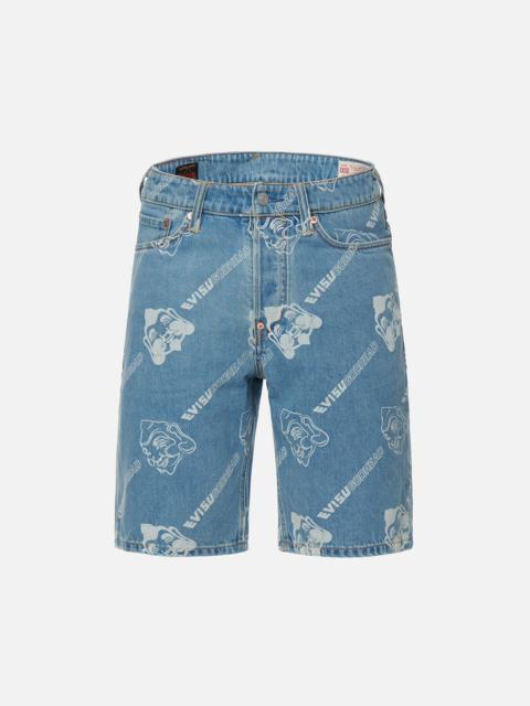 EVISU ALLOVER GODHEAD DISCHARGE PRINT DENIM SHORTS | REVERSIBLE