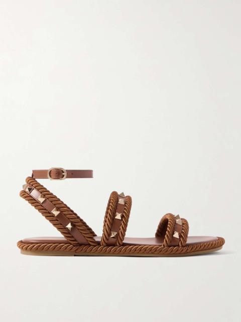 Valentino Rockstud Torchon rope-trimmed leather sandals Tan | REVERSIBLE